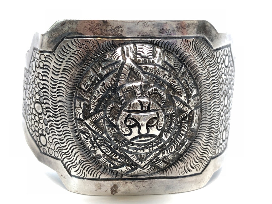 Handmade Aztec Calendar Cuff Bracelet, Stamped, Etched, Sterling Silver ...