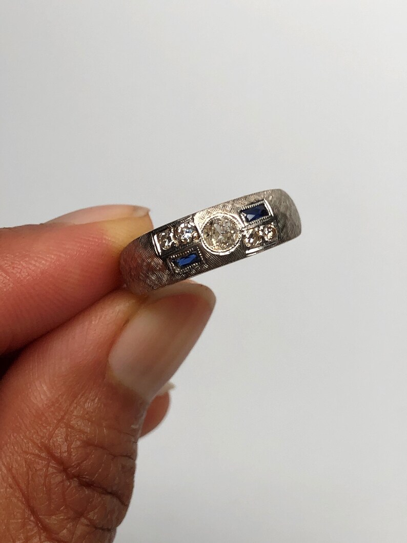14K White Gold Inset Diamond and Blue Sapphire Ring Size 7 | Etsy