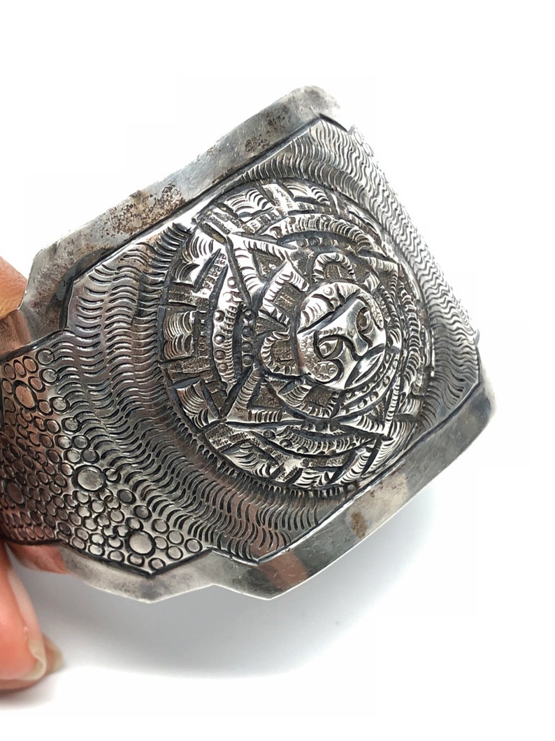 Handmade Aztec Calendar Cuff Bracelet Stamped Etched - Etsy