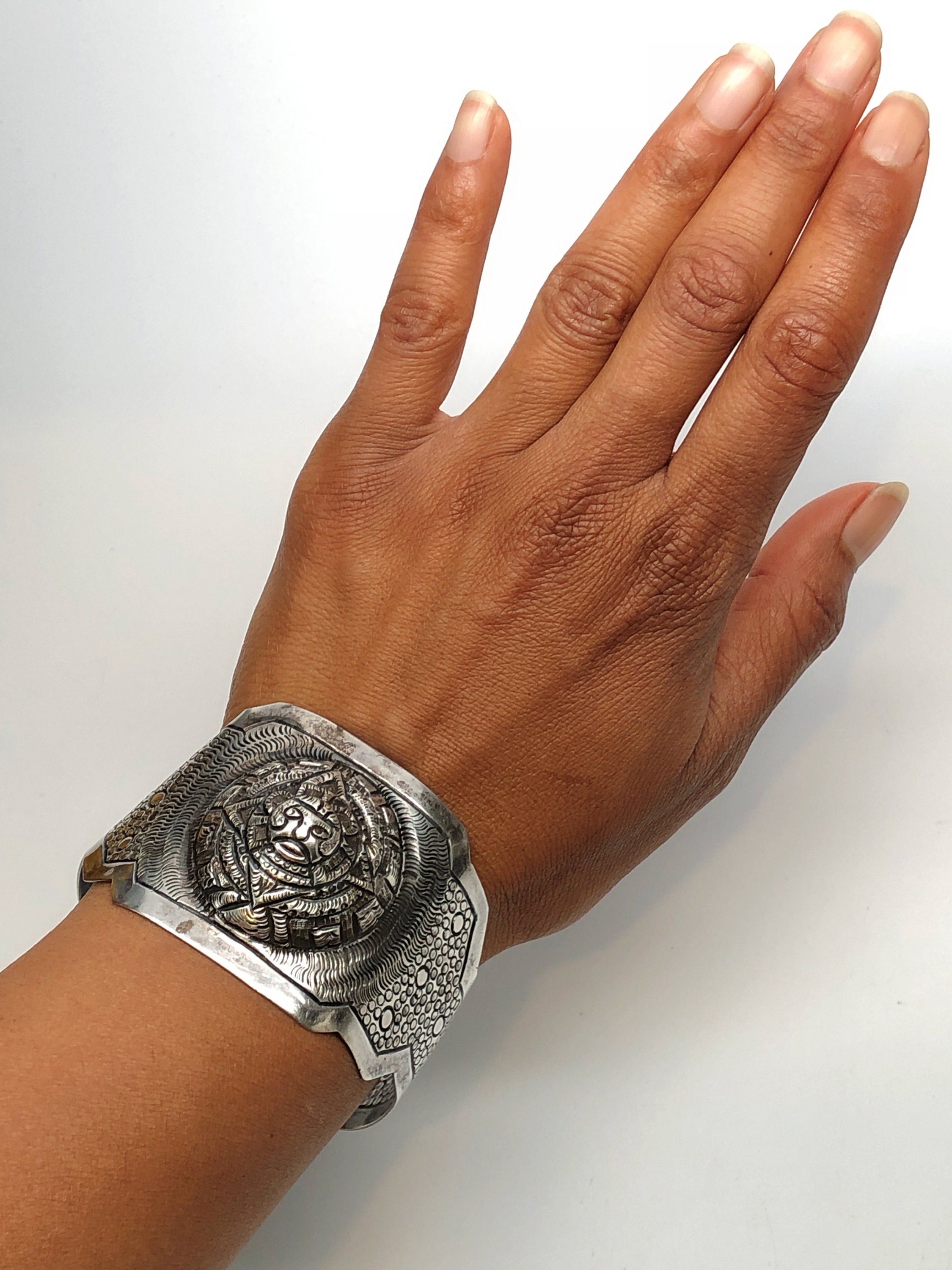 Handmade Aztec Calendar Cuff Bracelet Stamped Etched - Etsy