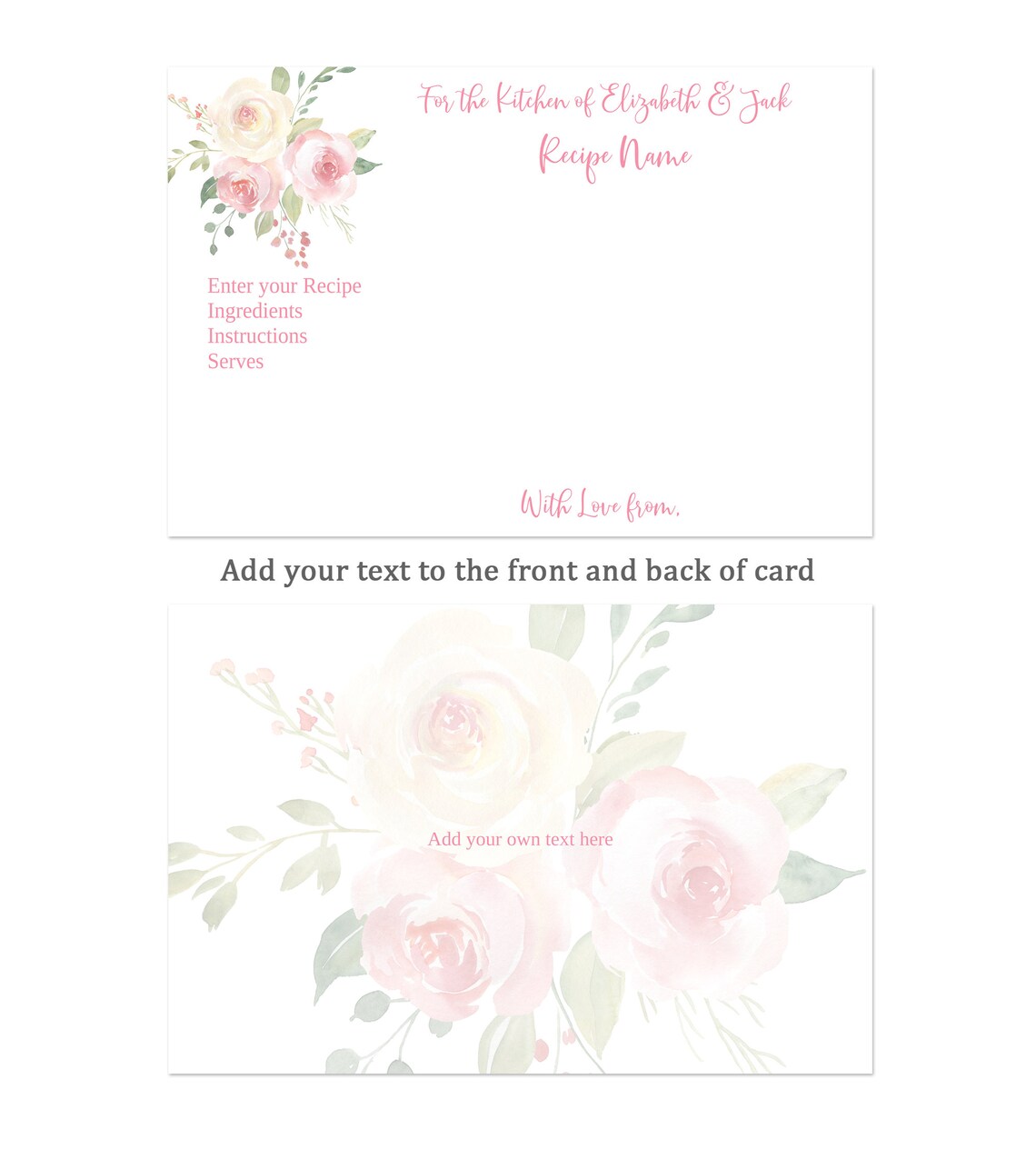 Blush Roses Recipe Card Template, Editable, Templett, Print at Home ...