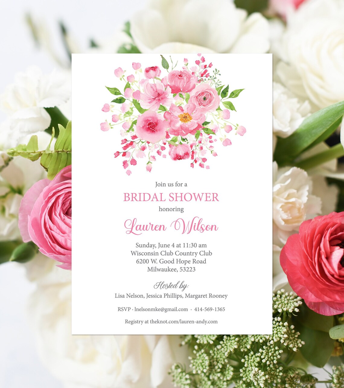 Pink Floral Bridal Shower Invitation, Pink Bridal Shower Invite, Summer ...