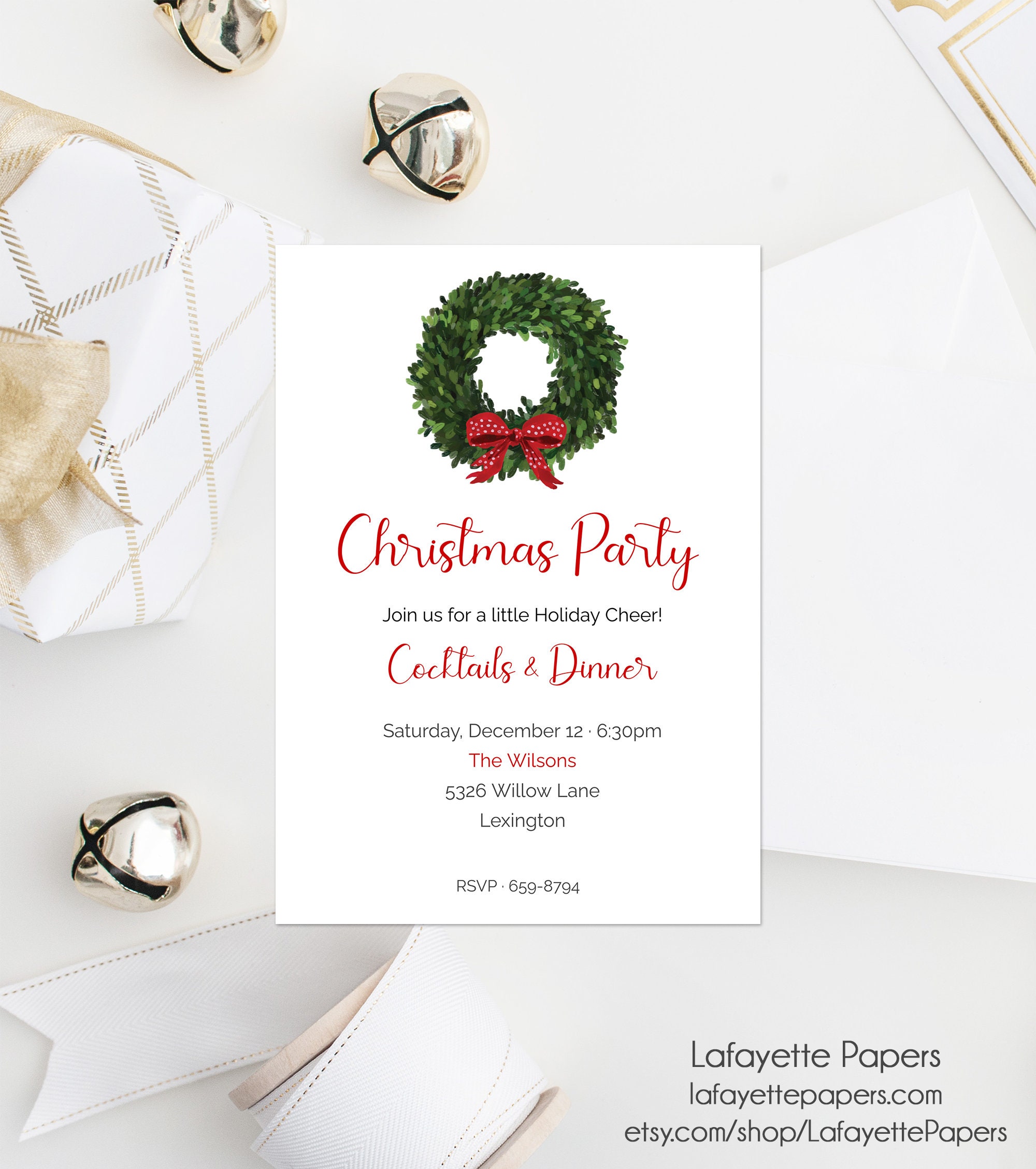 Editable Holiday Party Invitation, Print at Home, Boxwood Wreath Party ...