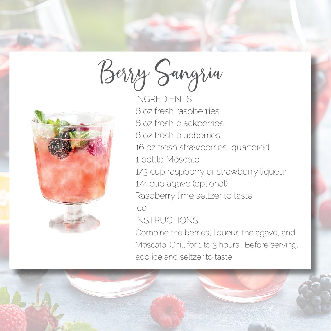 Sangria Cocktail Recipe Card, Printed Card 120lb. Stock, Red Sangria ...