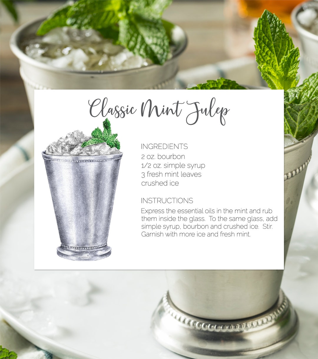 Mint Julep Cocktail Recipe Card, Printed Mint Julep Cocktail Recipe ...