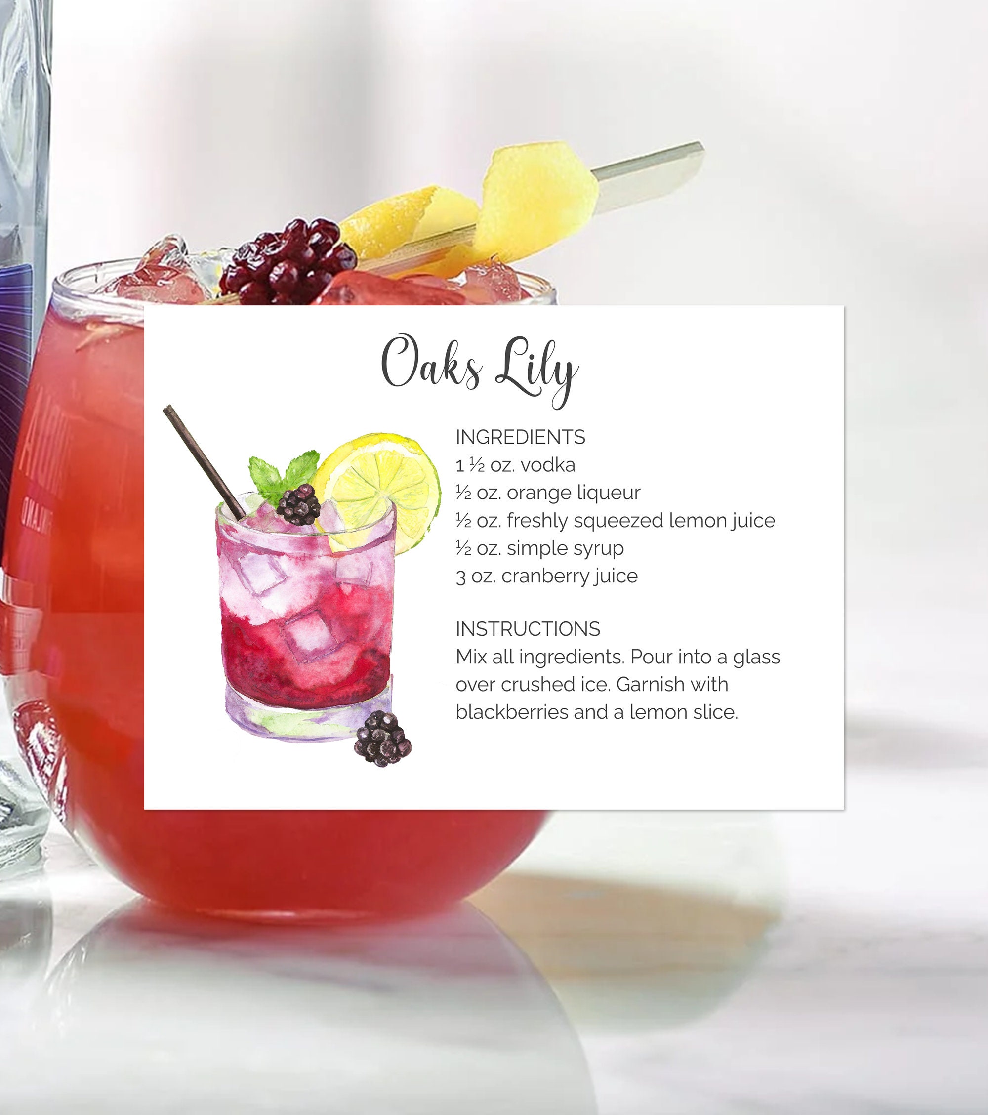 Oaks Lily Cocktail Recipe Card Printed Card 120lb Stock Kentucky Derby Party Vodka Cocktail