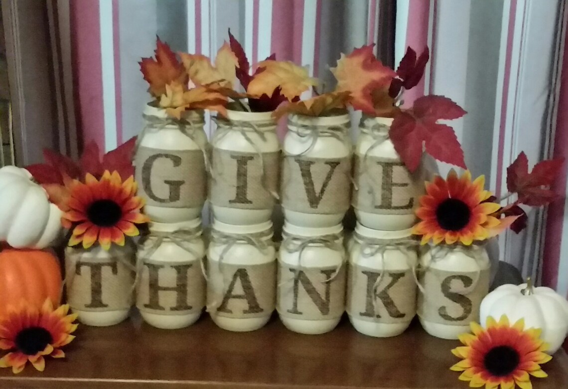 GIVE THANKS Mason Jars, Home Decor Set, Fall Decor, Thanksgiving ...