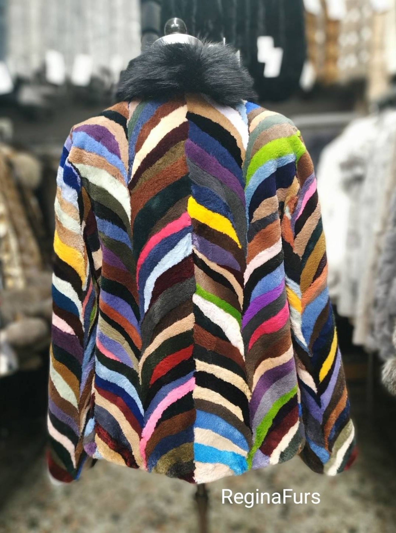 Fur Jacket/ Real Fur/canadian Beaver Fur With Fox Collar/ Colorful Fur ...