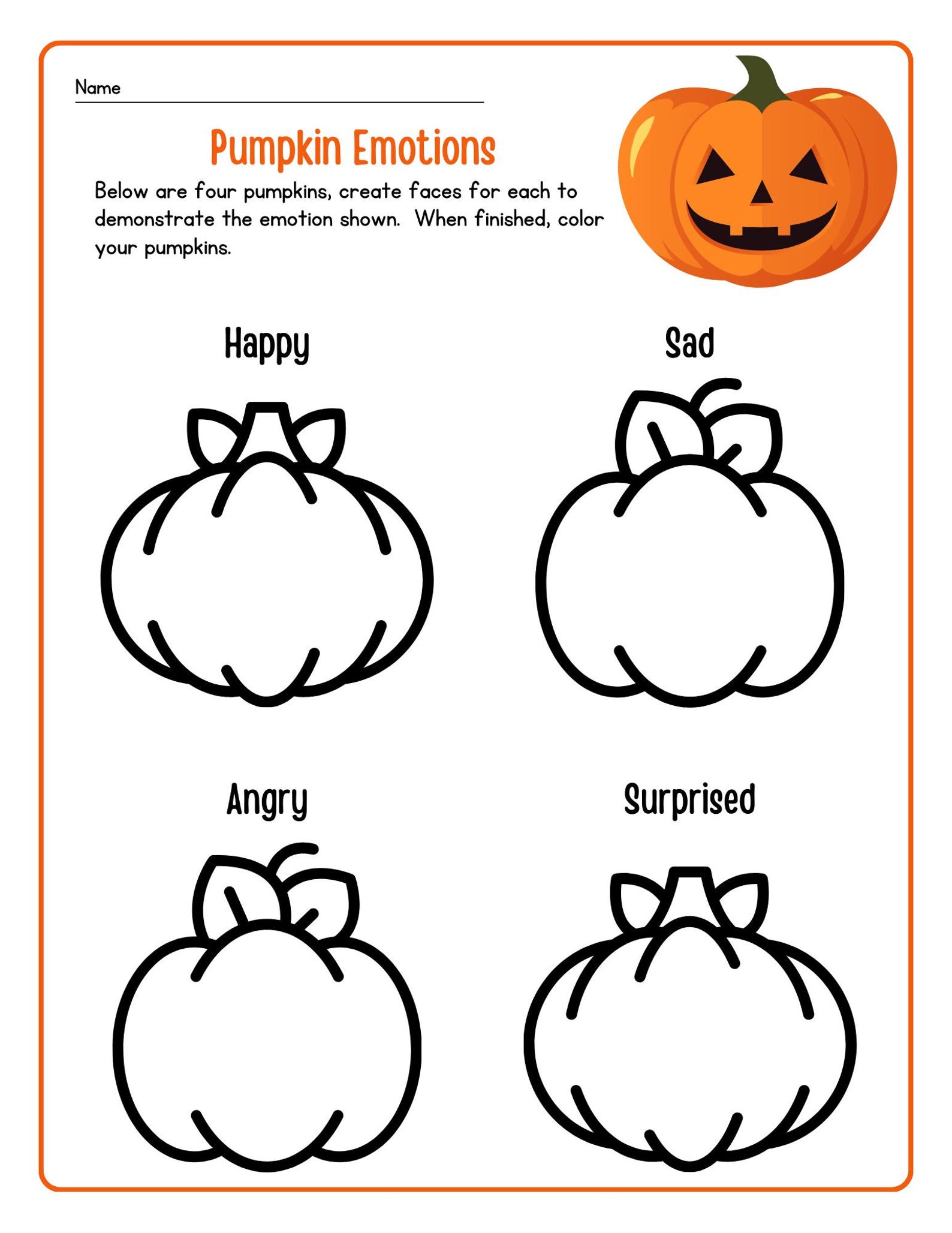 Pumpkin Emotions Worksheet: Halloween SEL Activity for Kids (PDF ...