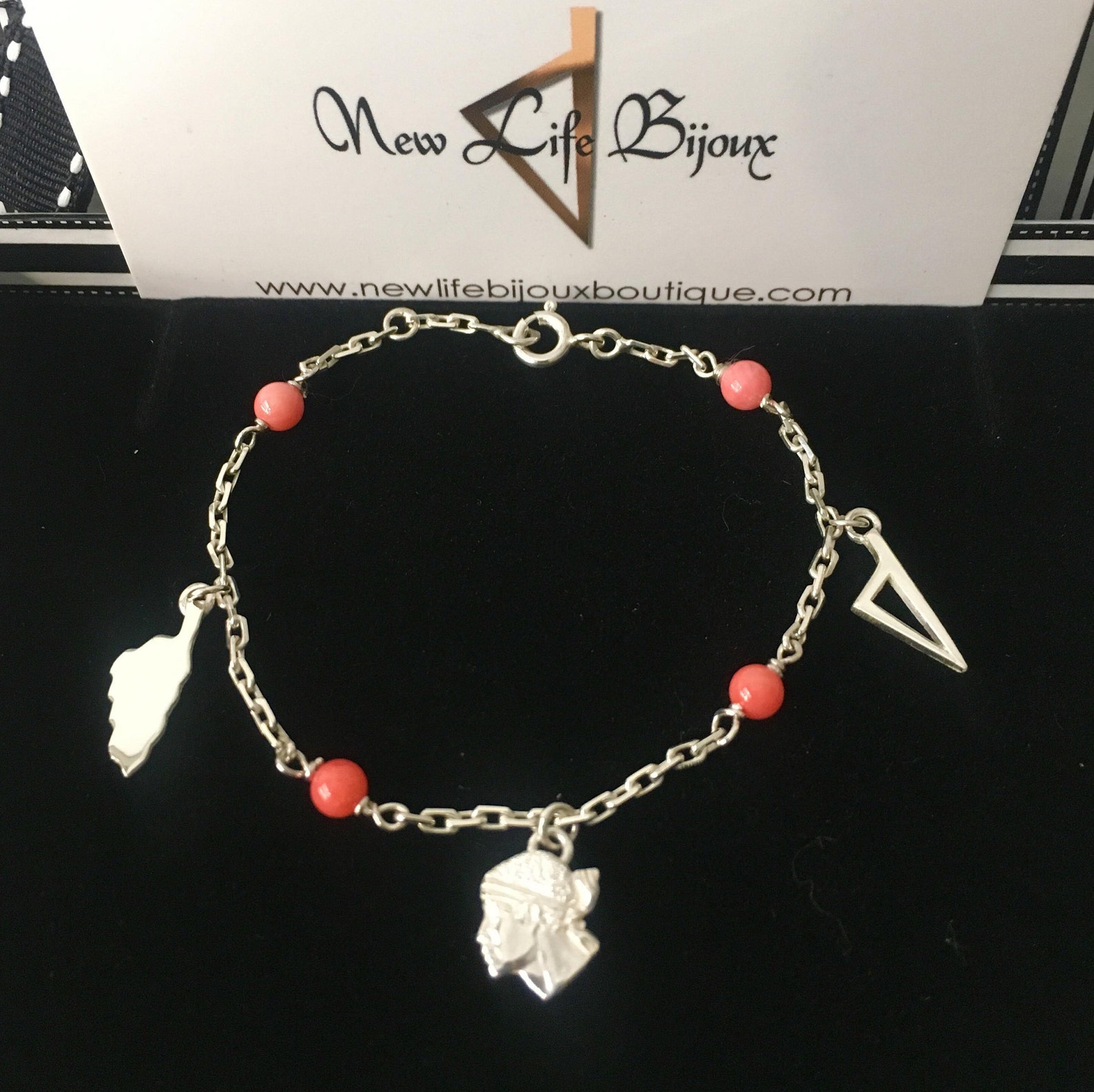 Bracelet Argent 925 Motifs Corse & Perles de corail 4mm | Etsy