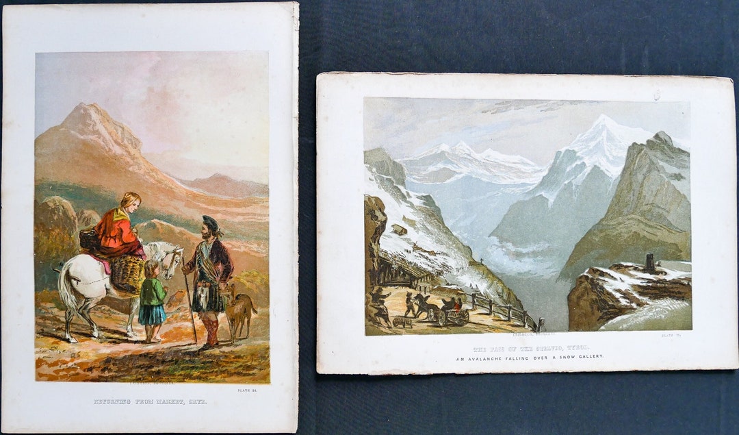 Two Original Chromo-lithographic Plates (1871) "the Pass of the Stelvio ...