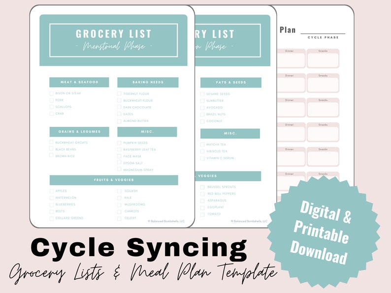 Cycle Syncing Grocery Lists & Meal Plan Template Easy to Use - Etsy