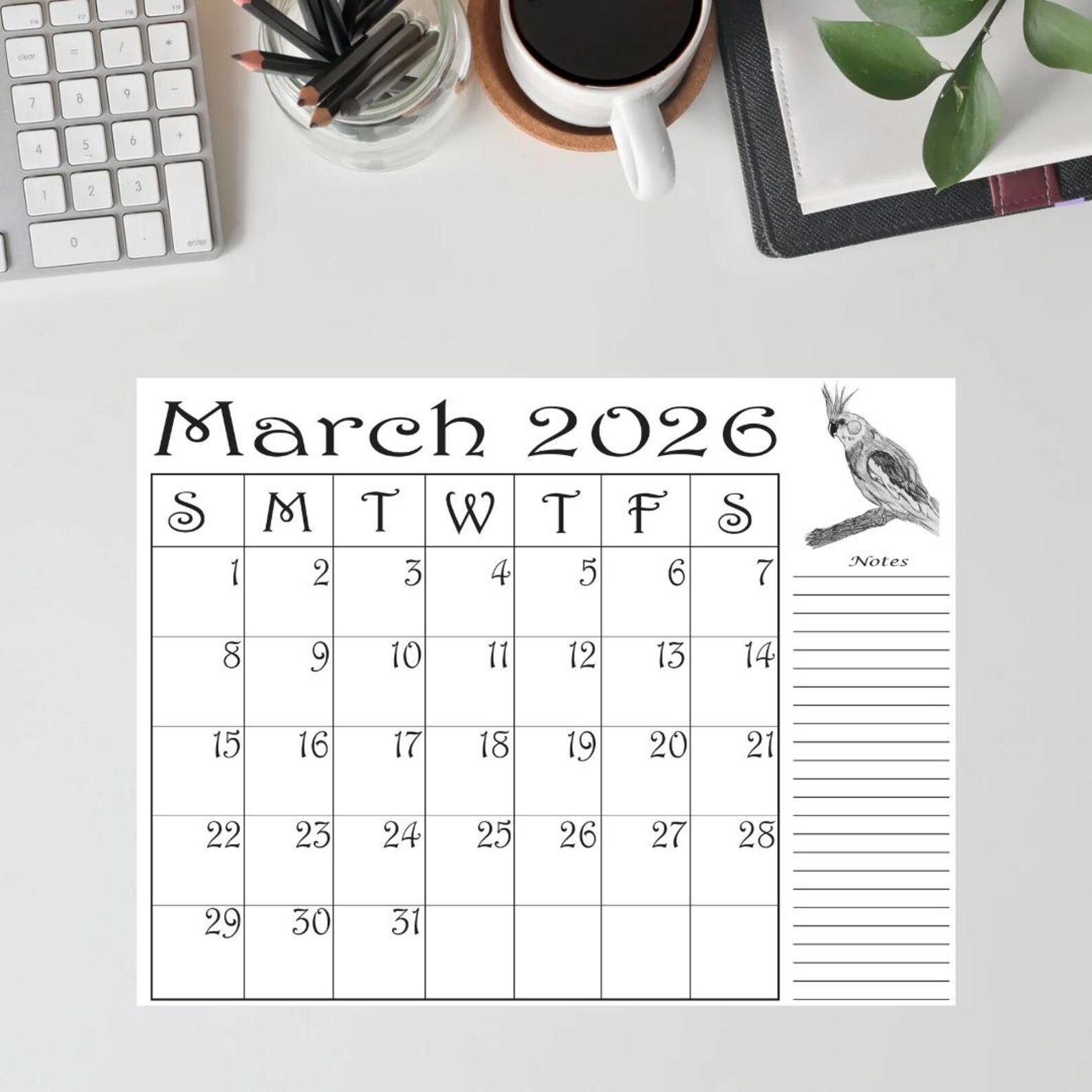 March 2026 Calendar Printable: Cockatiel Bird Art (digital Download) - Etsy