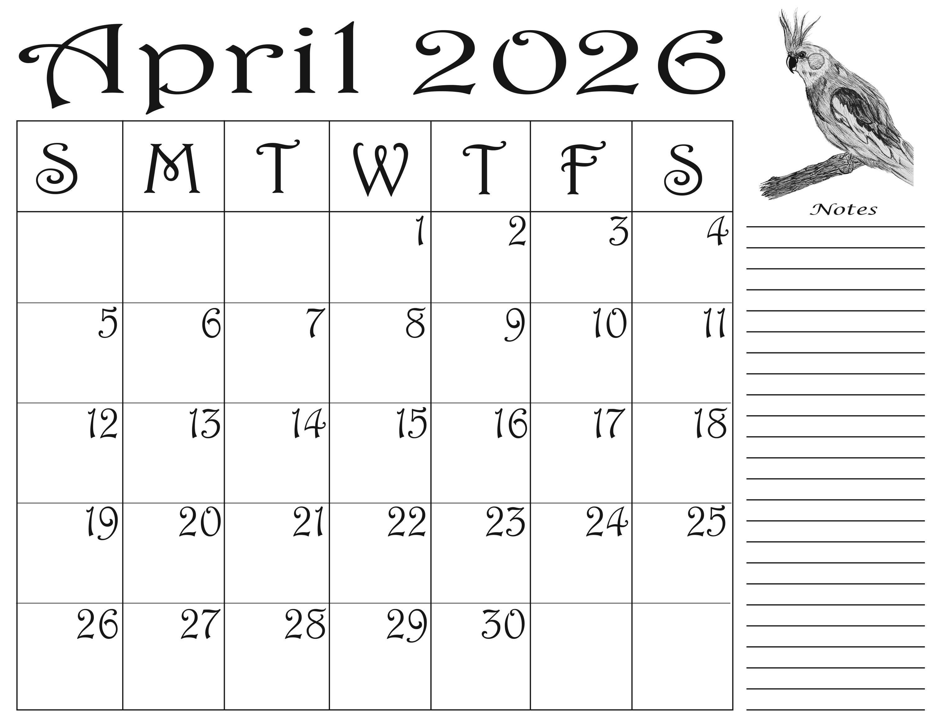 April 2026 Calendar Printable: Cockatiel Bird Art (digital Download ...