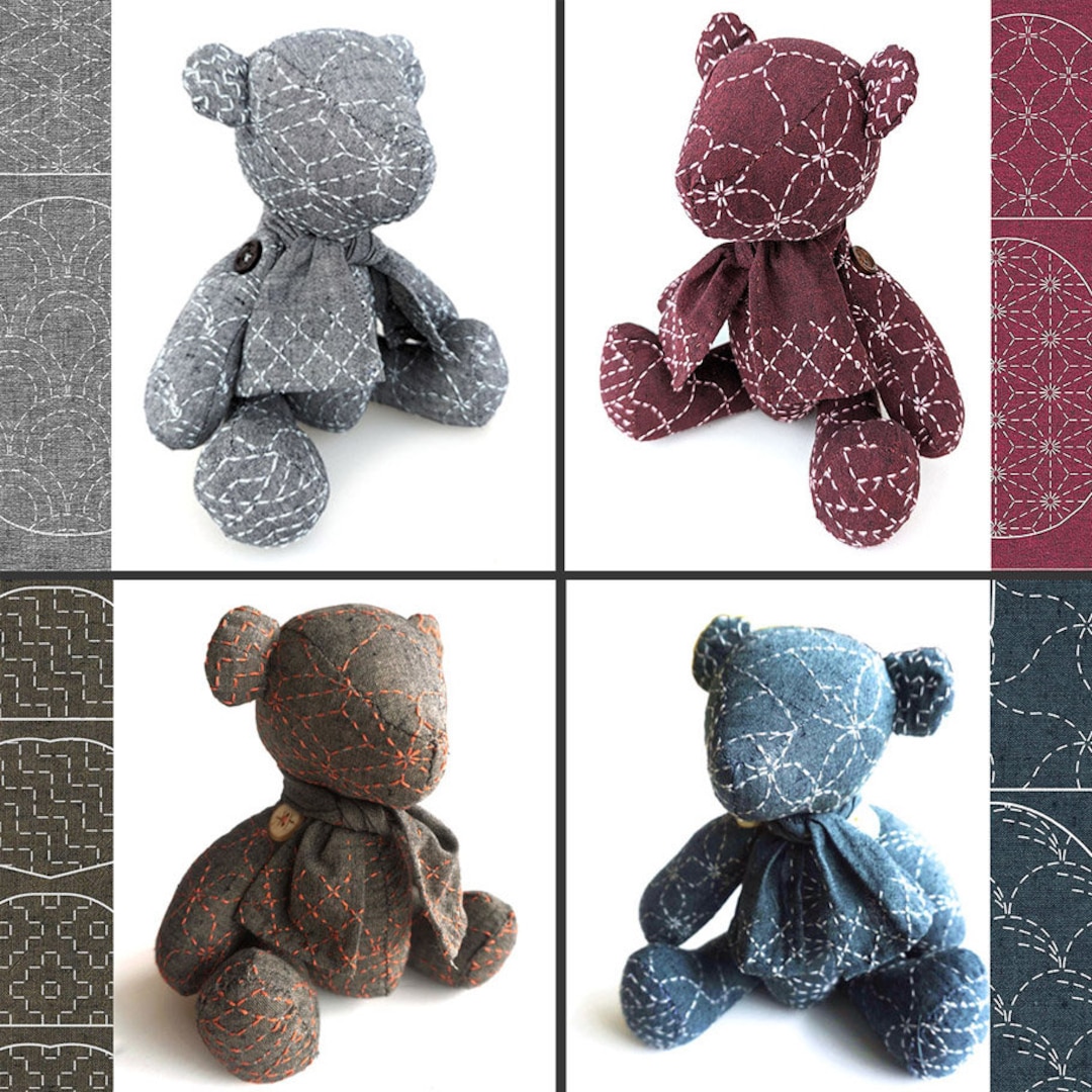 Little Sashiko Teddy Bear Cloth | Yarn Dyed Cotton Hand-printed ...