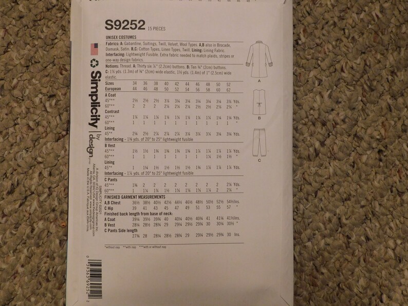 Hamilton-ish Costume Sewing Pattern, Simplicity 9252, New and UNCUT ...