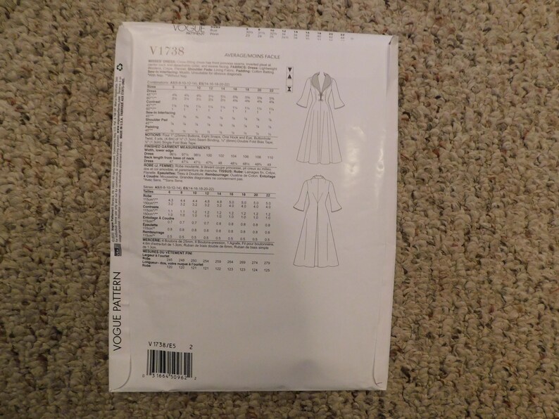 NEW and UNCUT Vogue Sewing Pattern 1738, Fitted Seamed Coat, Size 14-22 ...