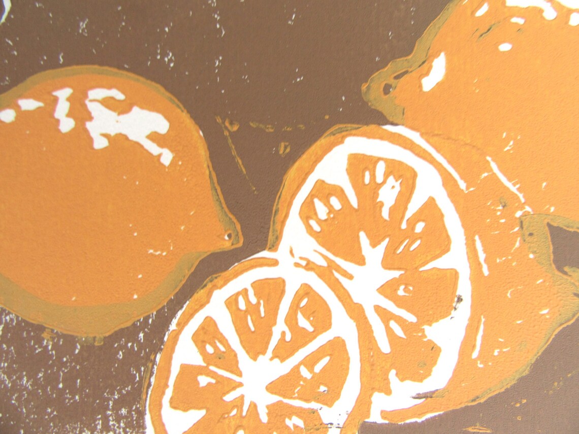 Oranges Linocut Print, 5x7 Print Orange and Brown, Hand Pulled Print ...