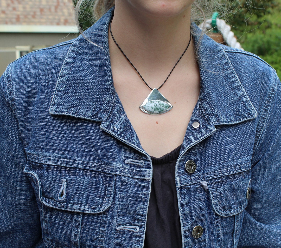 Green Tree Agate Pendant Necklace, Large Stone Necklace Green Gemstone ...