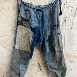 Vintage Japanese Distressed Indigo Dyed Famer’s Boro Patched Monpe ...