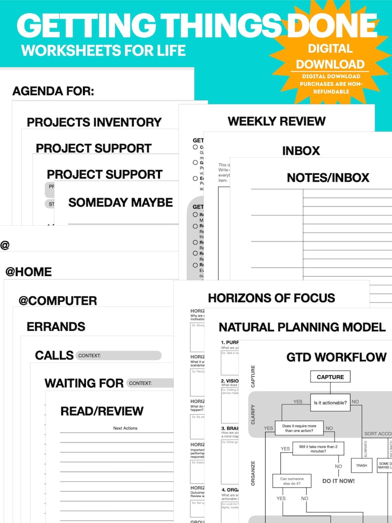 Printable GTD Worksheets Starter Bundle | PDF Digital Download | Letter ...