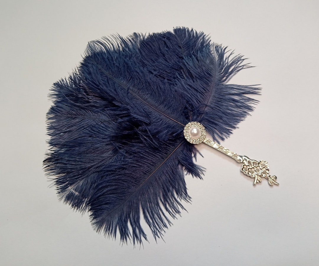 Navy Blue 20s Wedding Handheld Feather Fan Vintage Inspired Boho Chic ...