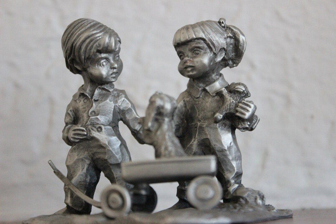 Vintage Pewter Statue Children Pulling a Wagon Heritage Pewter - Etsy