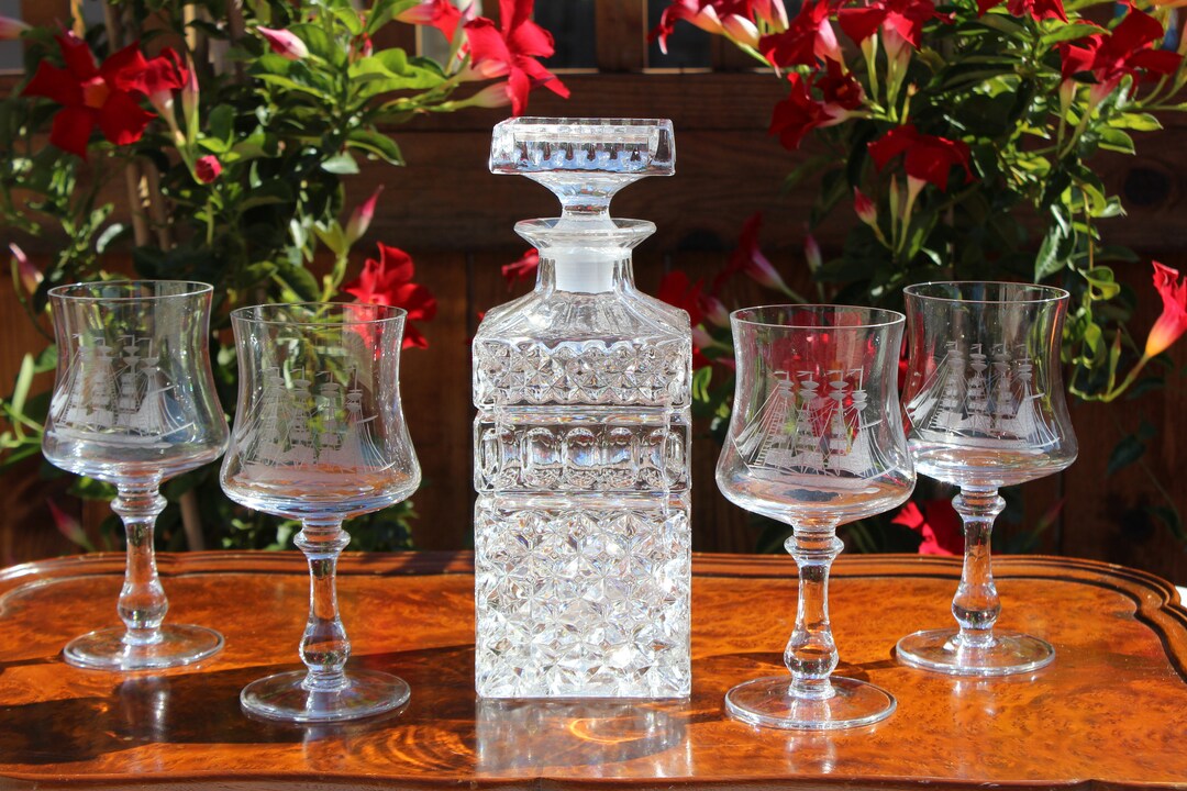 Set of 4 Vtg Leonard Crystal Queen's Award Etched Clipper Ship Glasses ...