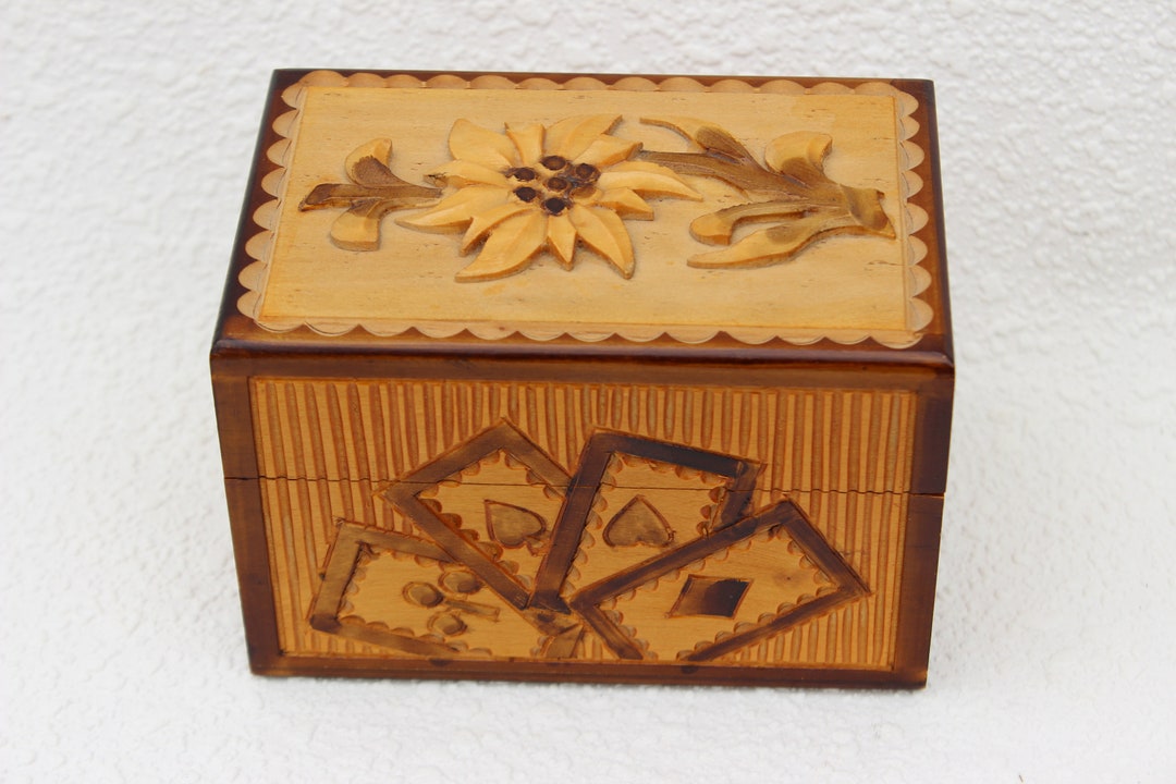 Hand Carved Wooden Playing Card Box With 2 Decks of Cards Made in ...