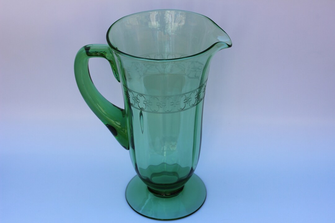 Vintage Etched Green Glass Pitcher - Etsy