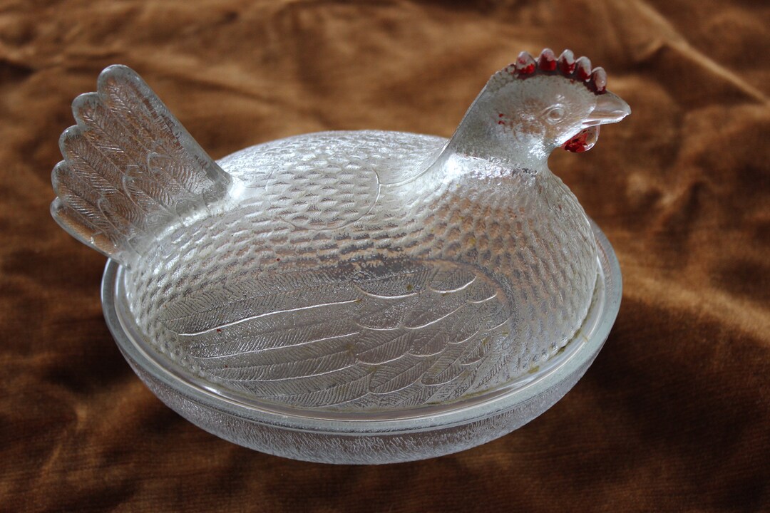 Pressed Glass Nesting Hen Dish With Red Painted Comb - Etsy