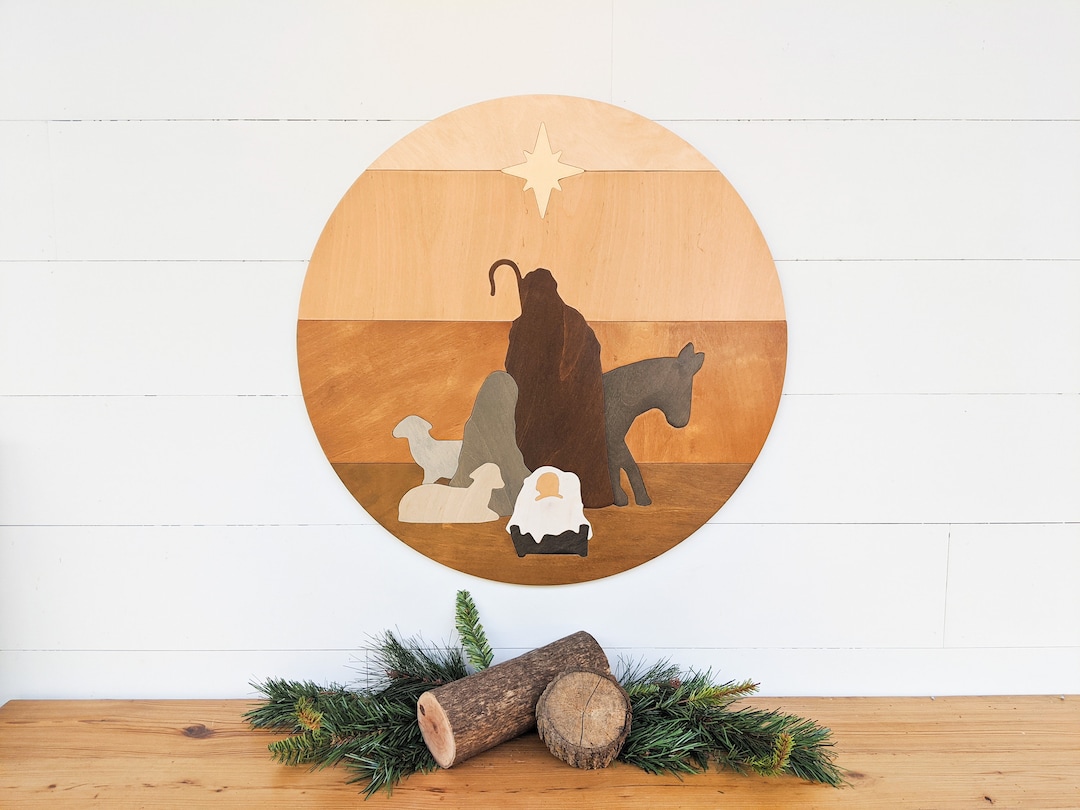 Round Nativity Scene Wood Montage | Wooden Nativity Scene | Nativity ...