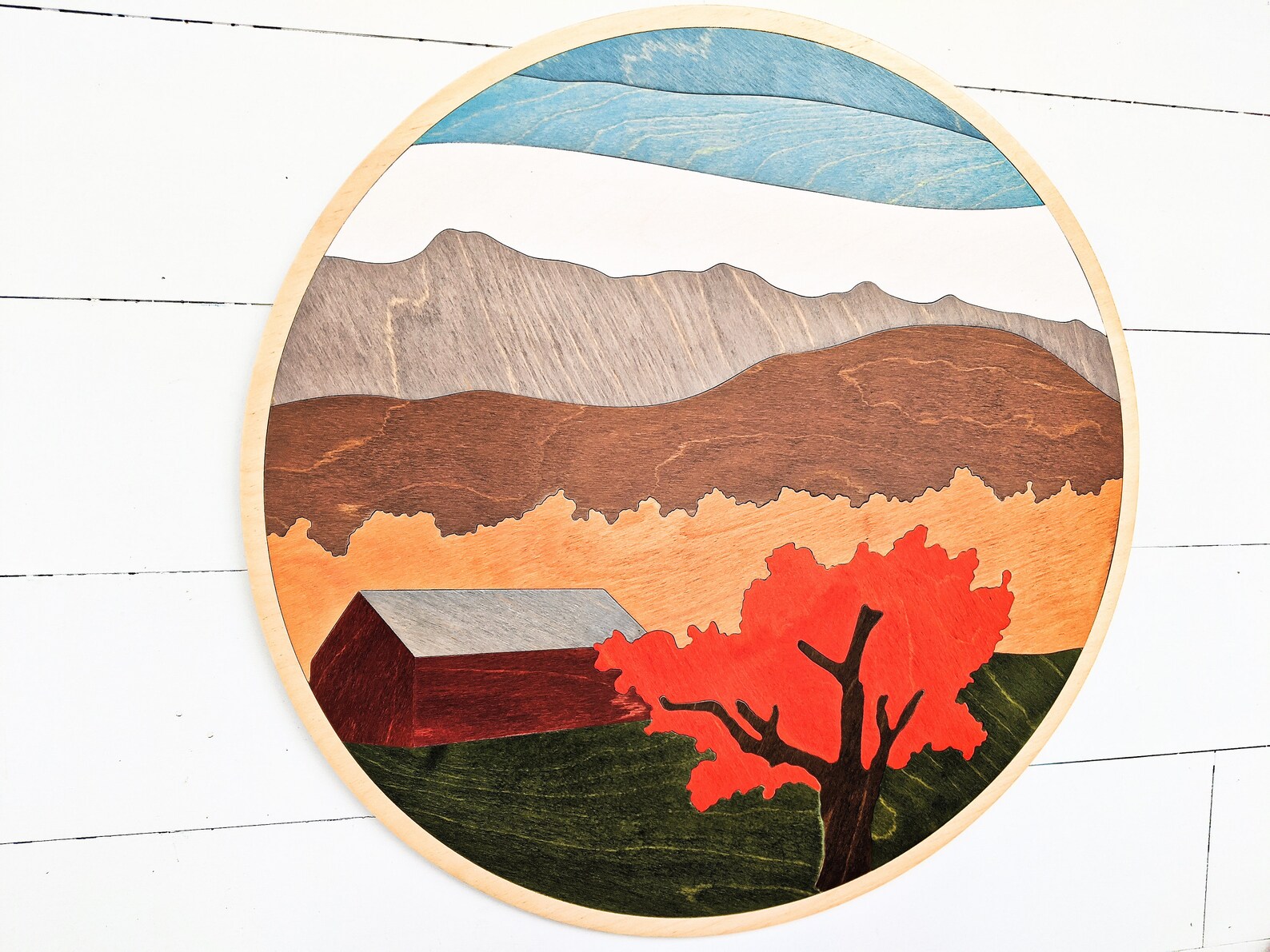 Round Mountain Fall Wood Art With Farm Scene Layered - Etsy