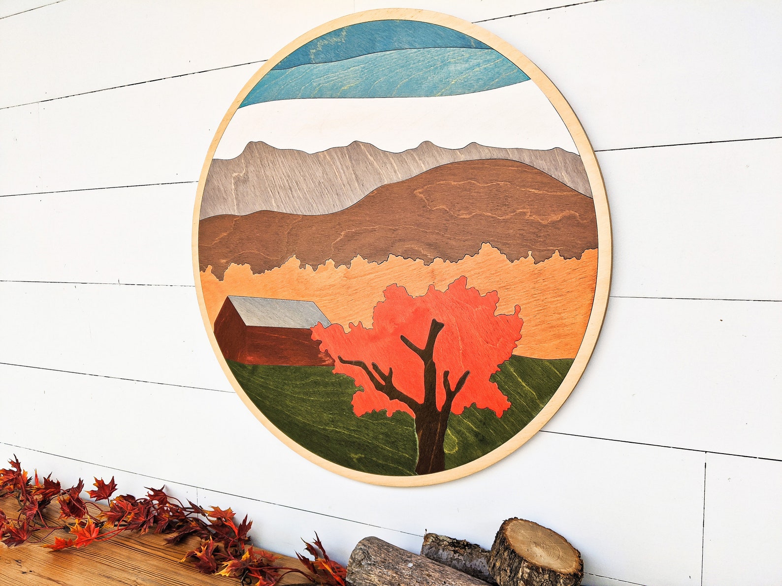 Round Mountain Fall Wood Art With Farm Scene Layered - Etsy