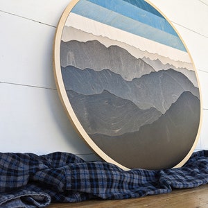 Round Mountain Wood Art | Layered Mountains Wall Art, Living Room Scene ...