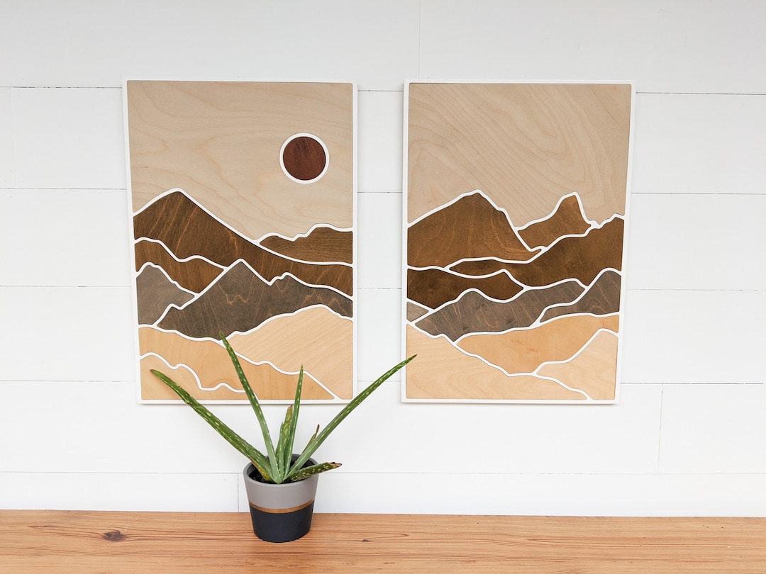 Two-paneled Mountain Wood Art | Layered Mountains Wall Art | Desert ...