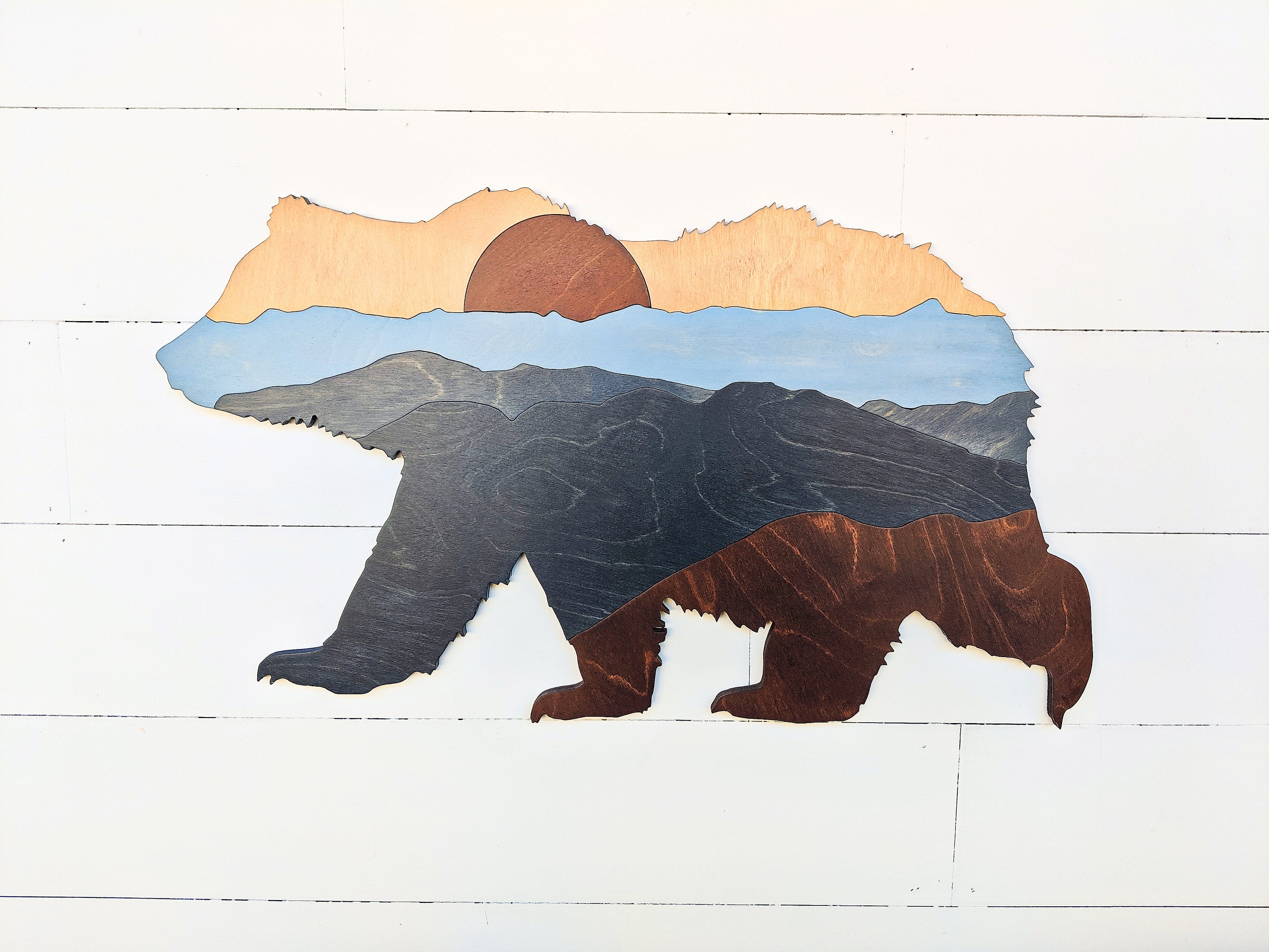 Wooden Bear Wall Decor With Mountain Sunset Bear Shaped - Etsy