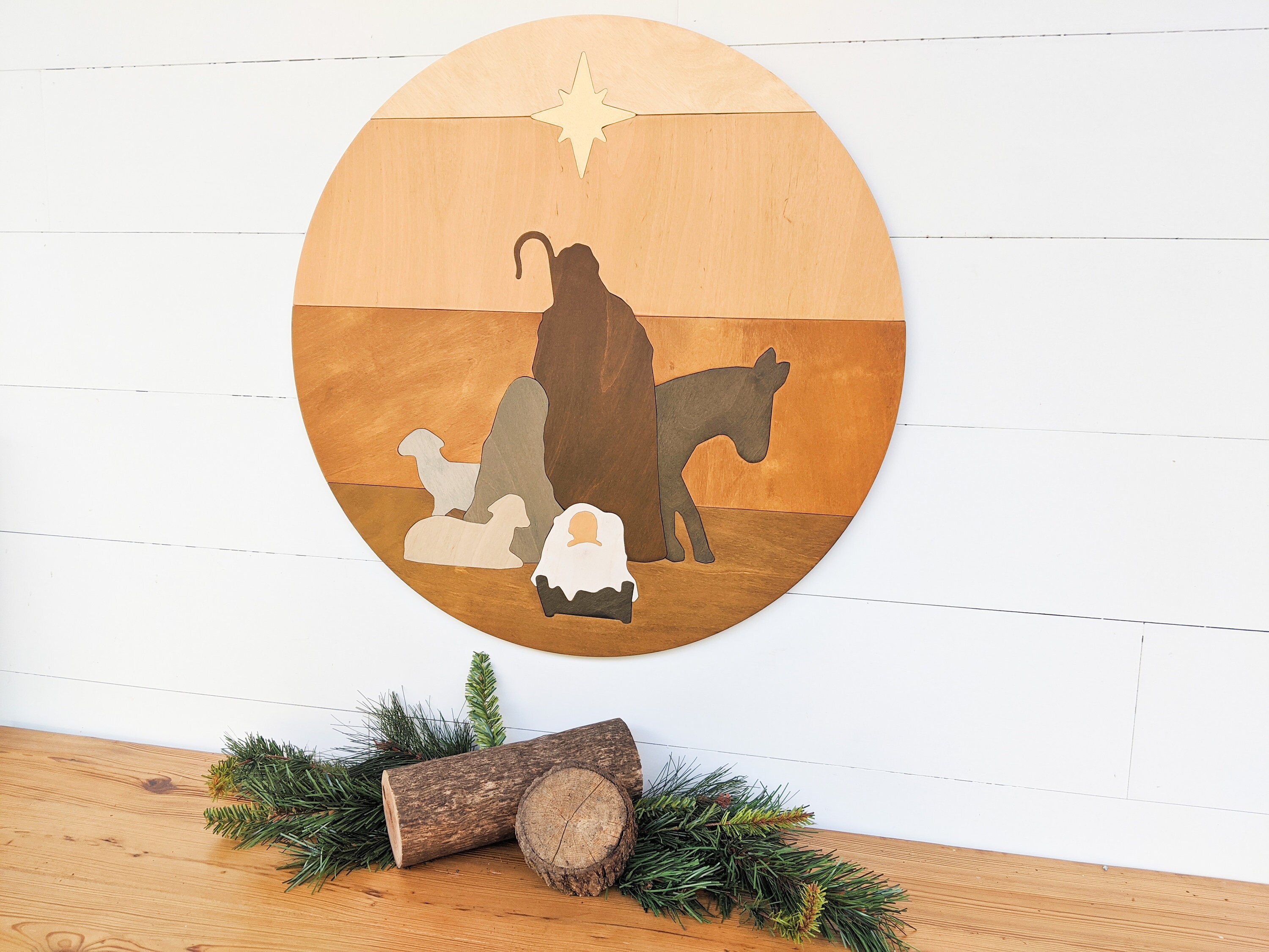 Round Nativity Scene Wood Montage Wooden Nativity Scene | Etsy