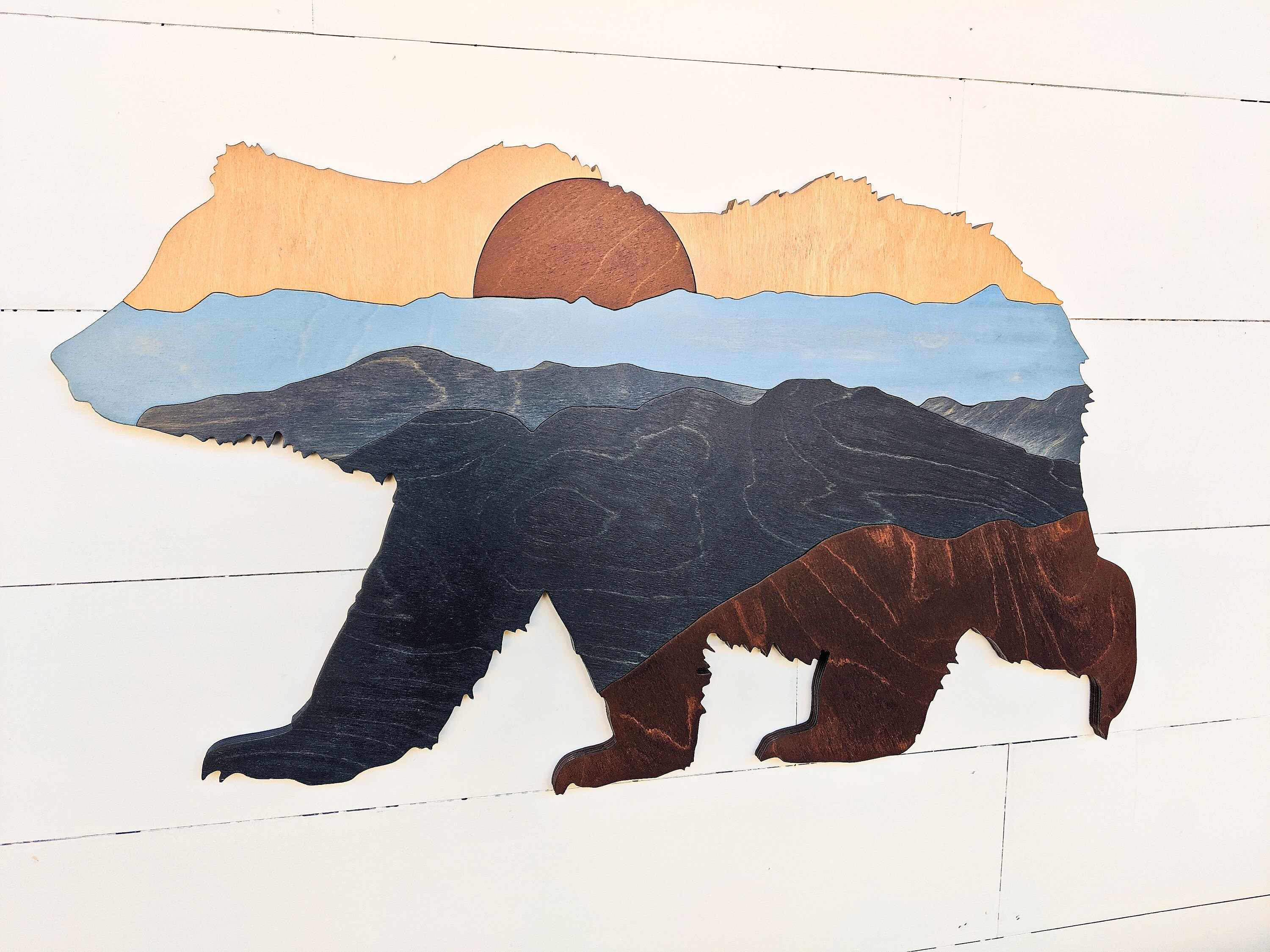 Wooden Bear Wall Decor With Mountain Sunset Bear Shaped - Etsy