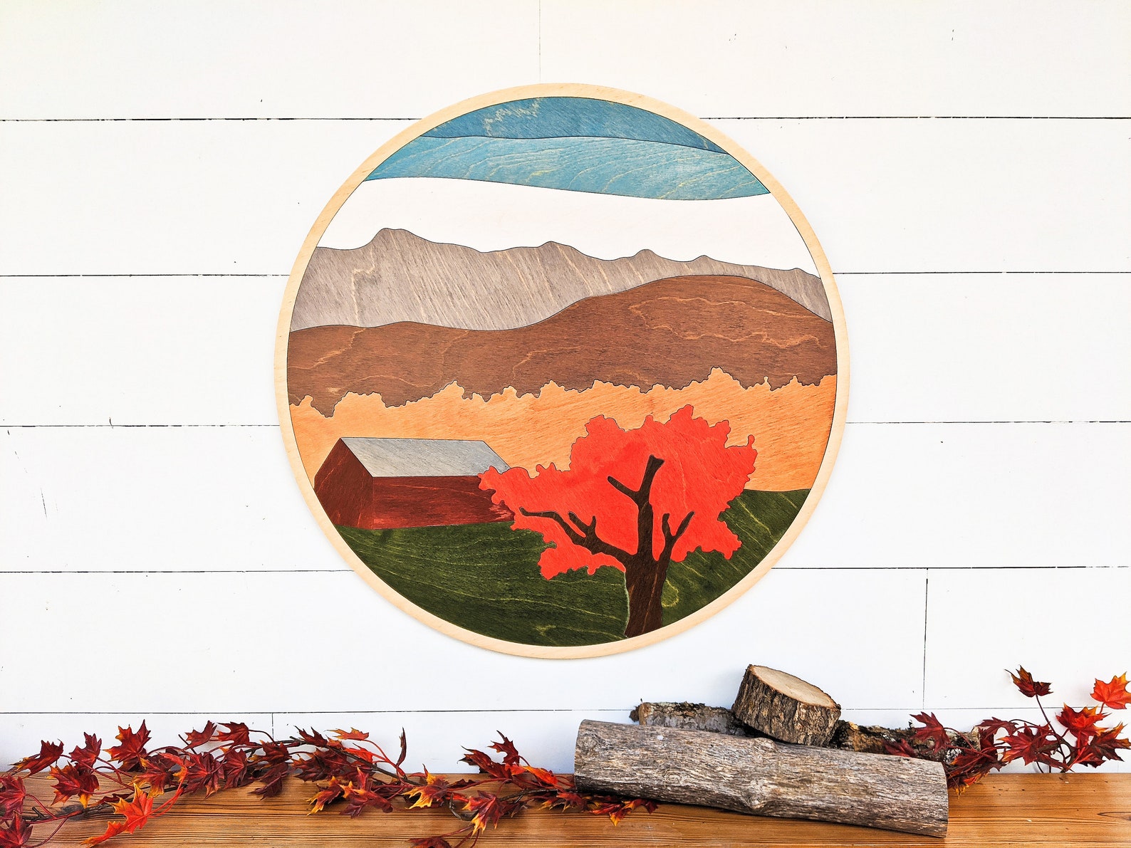 Round Mountain Fall Wood Art With Farm Scene Layered - Etsy
