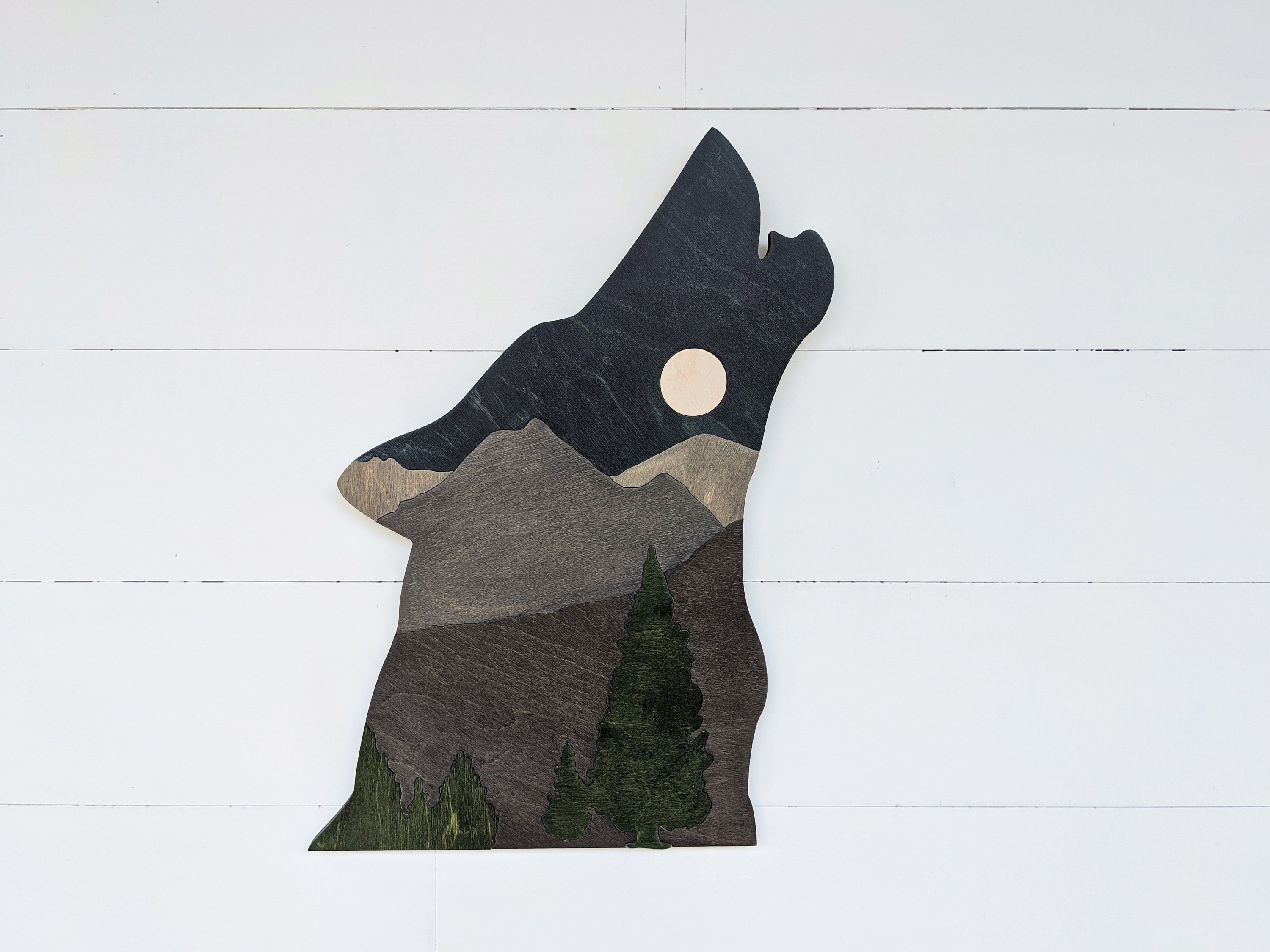 Wooden Wolf Wall Decor With Moonrise and Mountains Wolf - Etsy
