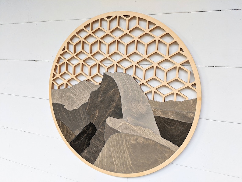 Half Dome Wood Montage With Geometric Sky Round Mountain - Etsy