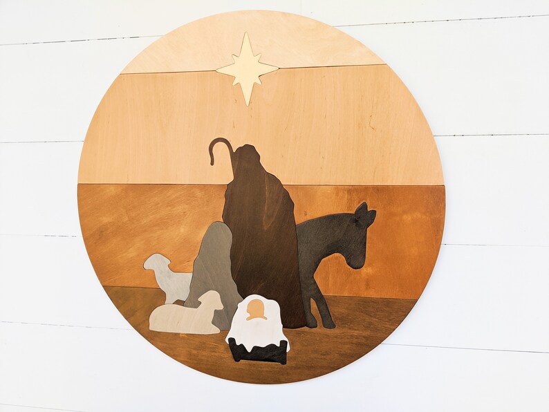 Round Nativity Scene Wood Montage Wooden Nativity Scene | Etsy
