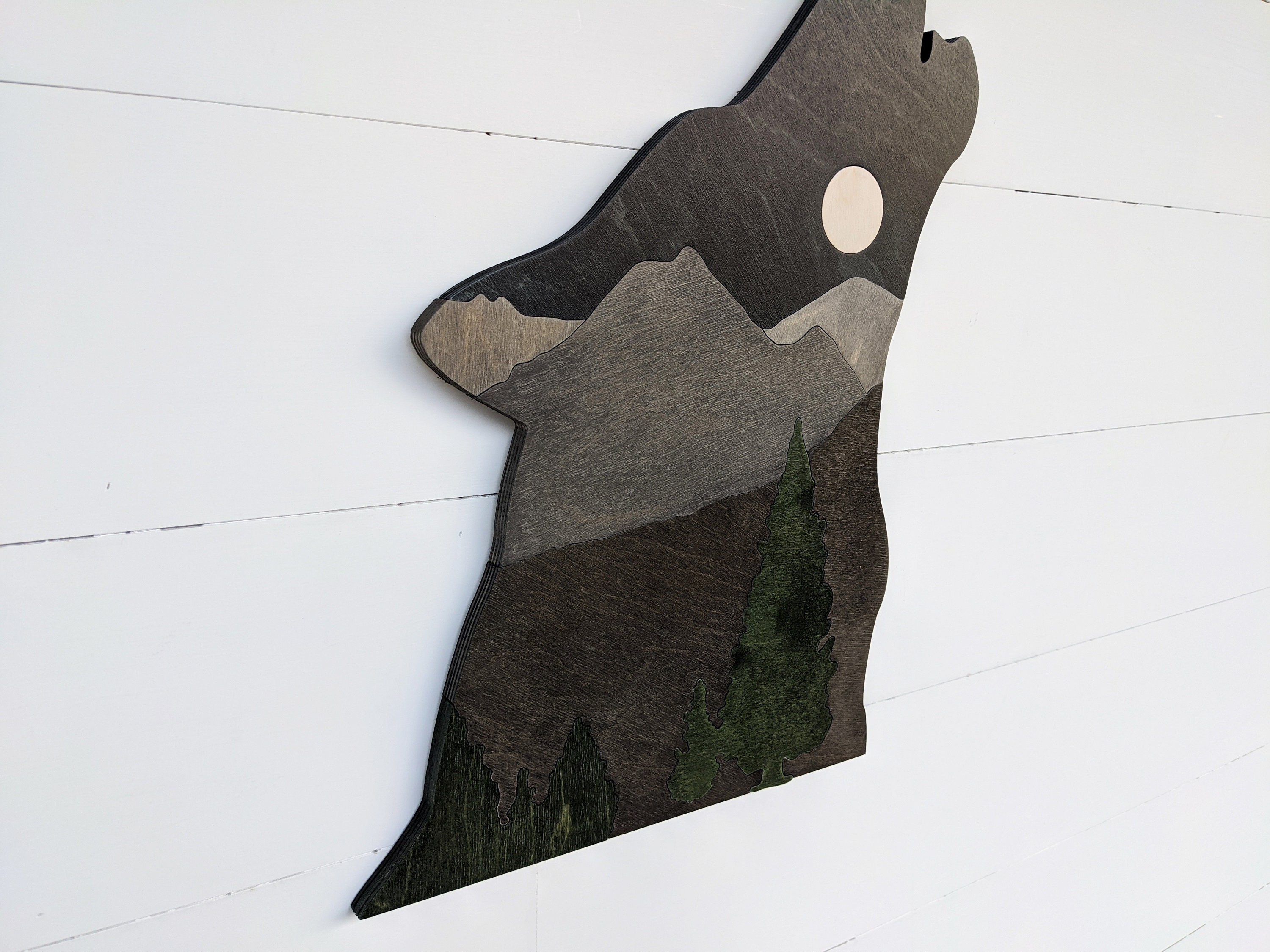 Wooden Wolf Wall Decor With Moonrise and Mountains Wolf - Etsy