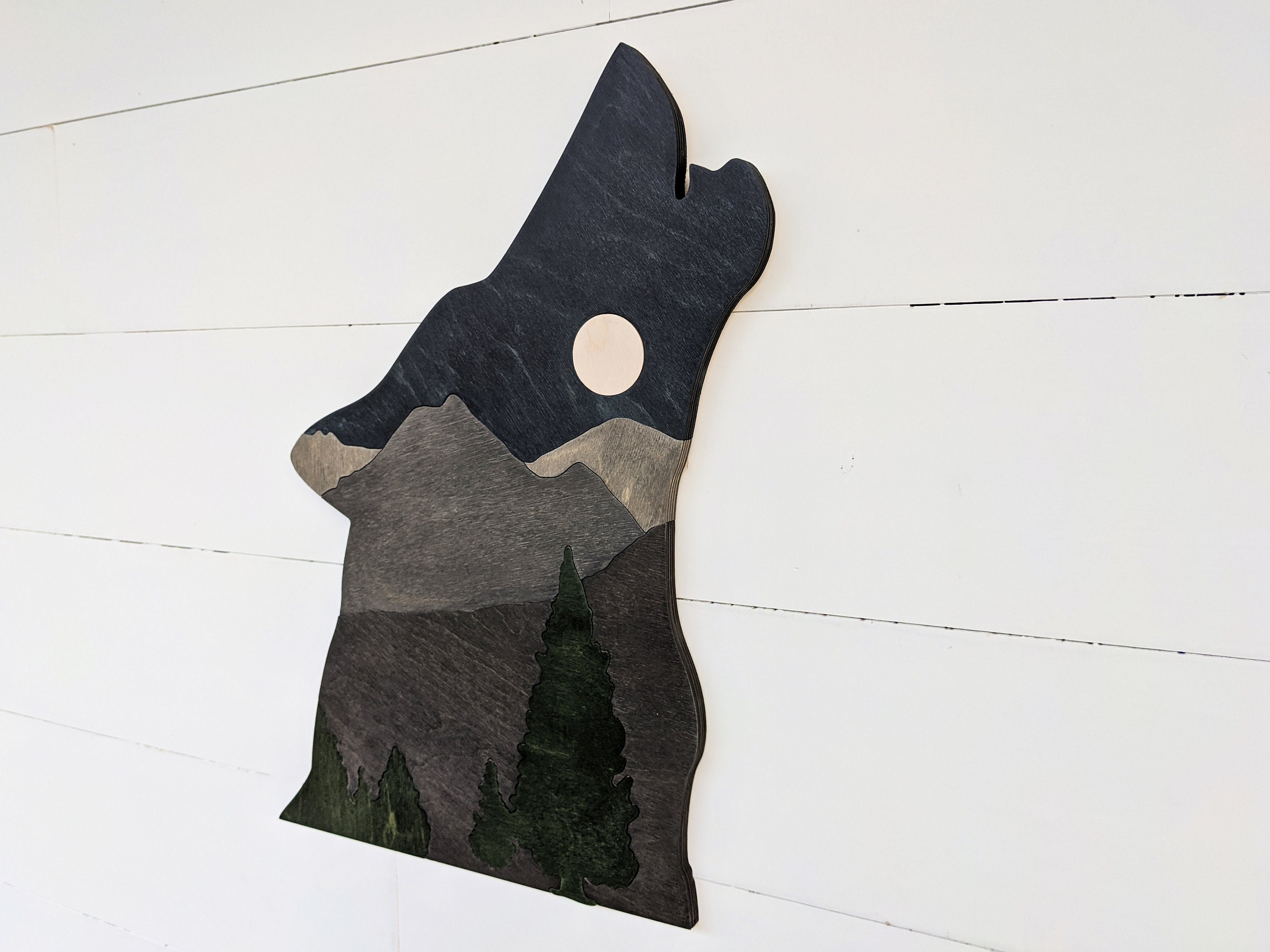 Wooden Wolf Wall Decor With Moonrise and Mountains Wolf - Etsy