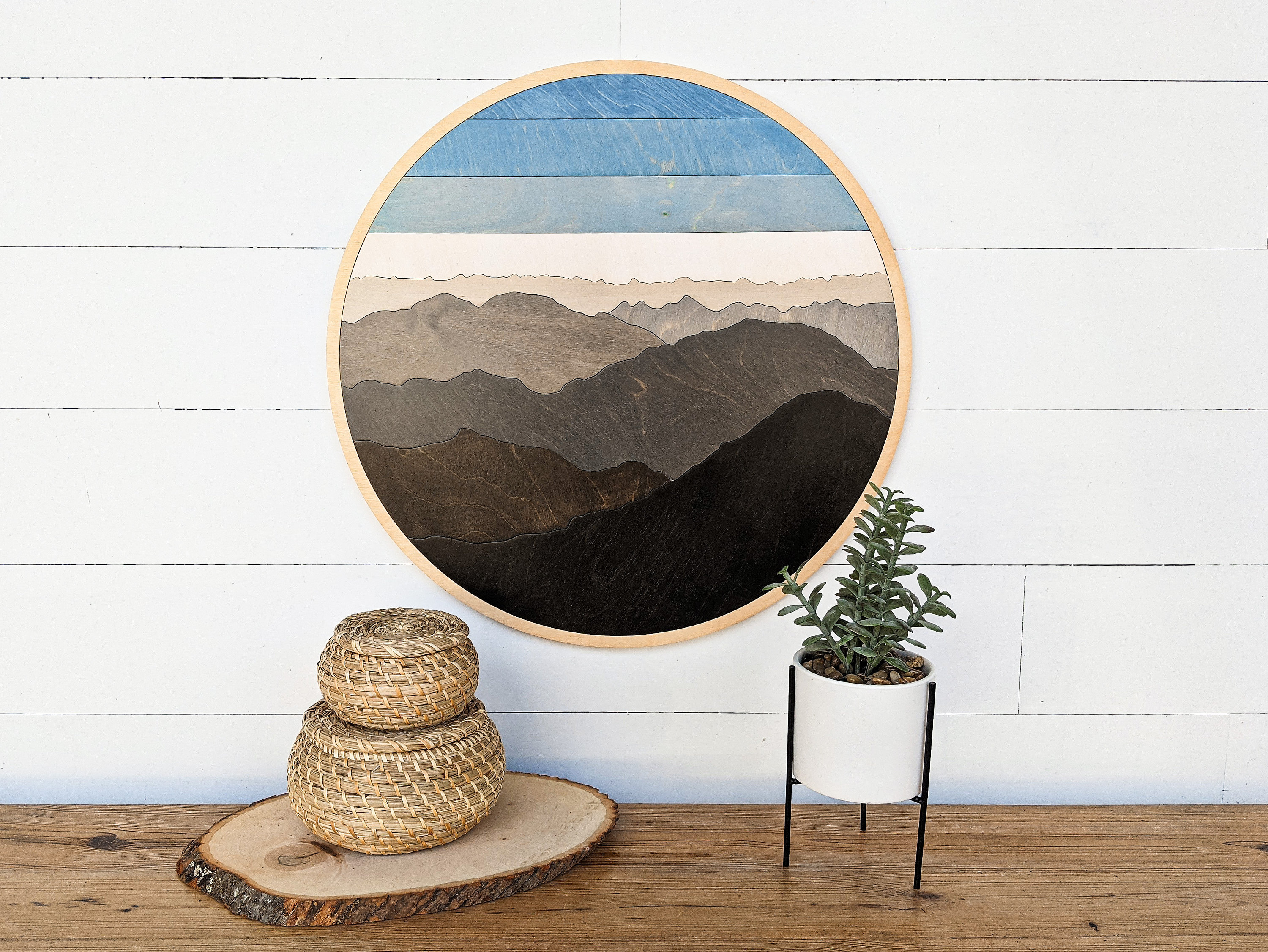 Round Mountain Wood Art Layered Mountains Wall Art | Etsy