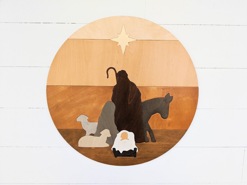 Round Nativity Scene Wood Montage Wooden Nativity Scene | Etsy