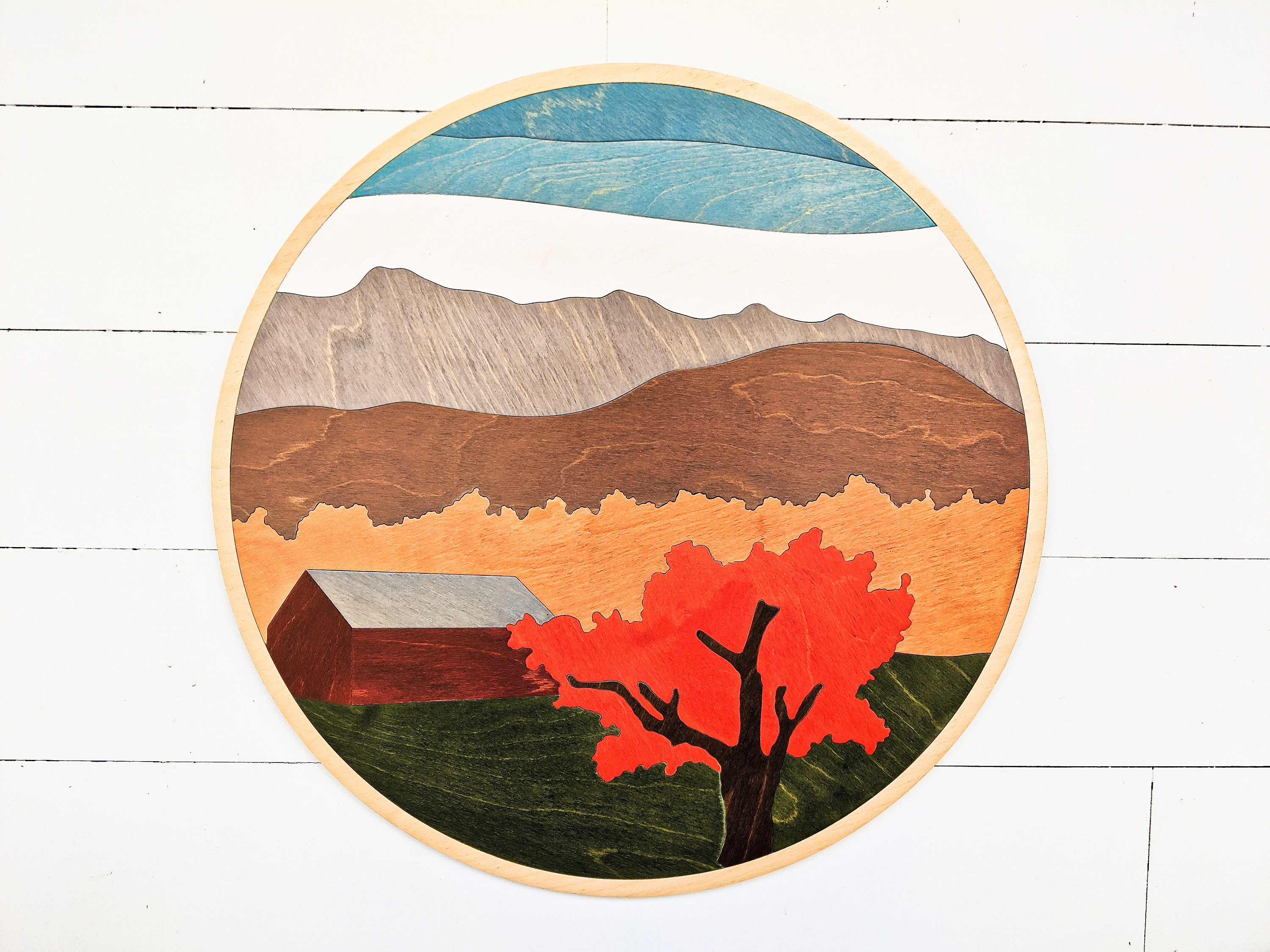 Round Mountain Fall Wood Art With Farm Scene Layered - Etsy