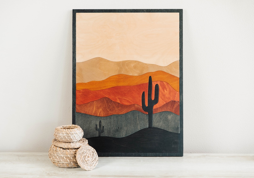 Layered Wood Desert Landscape Art: Boho Southwest Decor, Living Room ...