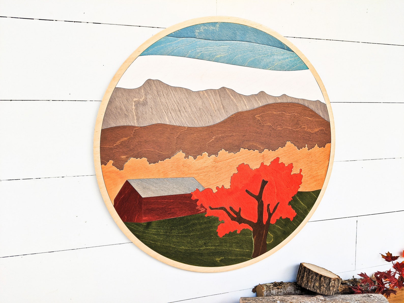 Round Mountain Fall Wood Art With Farm Scene Layered - Etsy